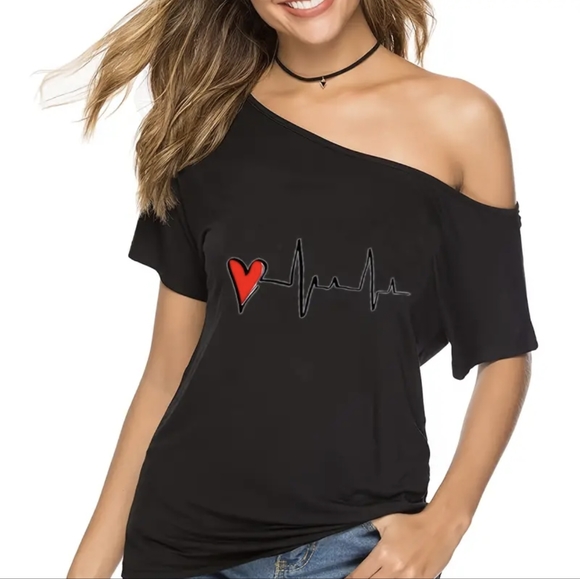 Tops | Nwot Heart Print Off The Shoulder Tshirt | Poshmark